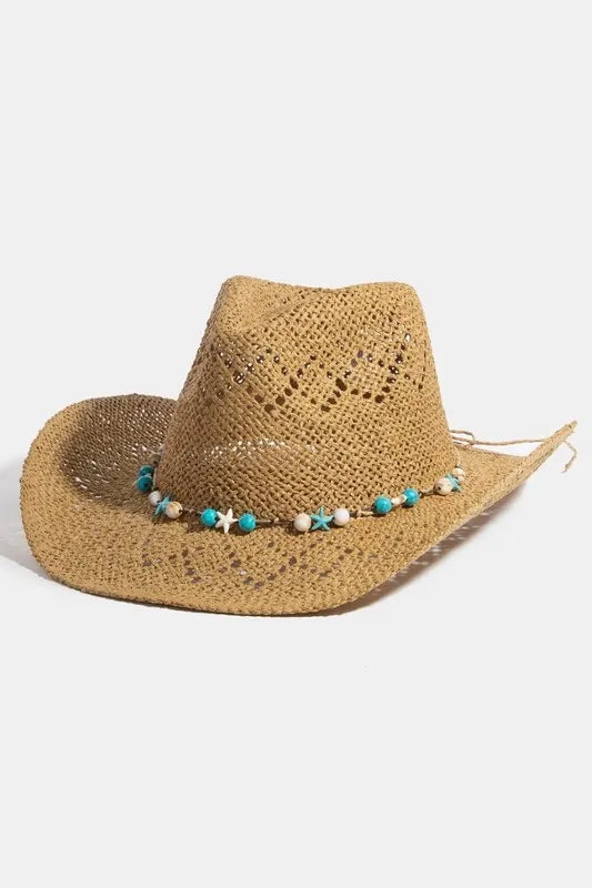Western Straw Hat with Turquoise and Shell Star Bead Strap Boho Style ...